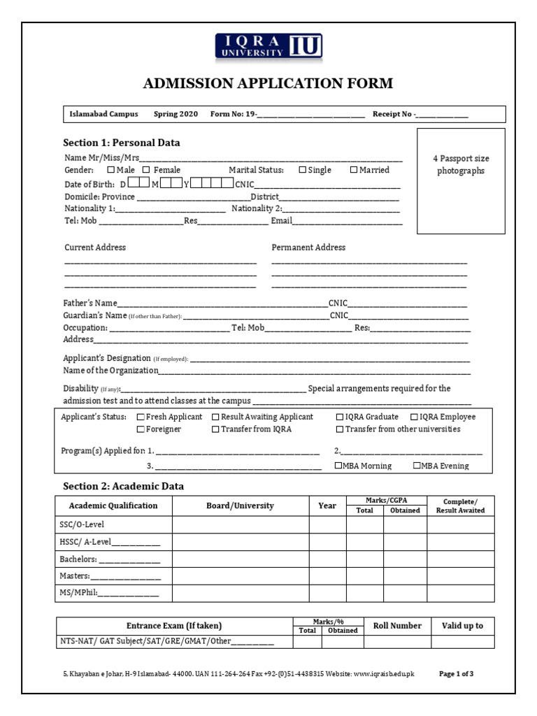 Iqra University Admission Application Form | PDF | Master Of Science ...