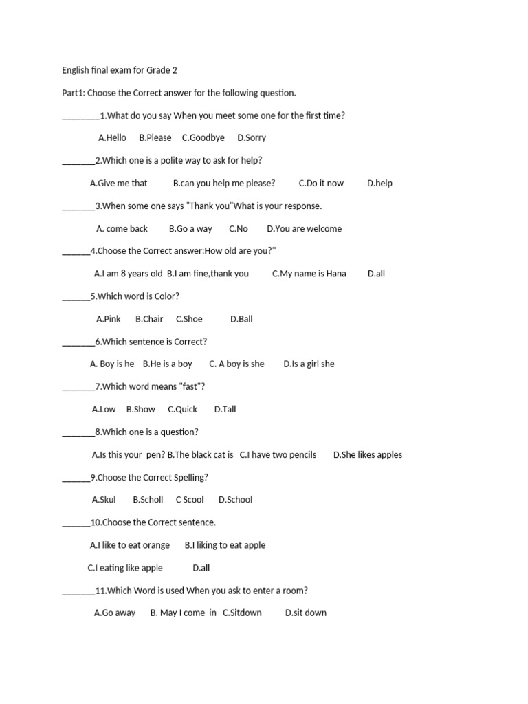 Grade 2 English Final Exam Questions | PDF | Grammar | Language Families