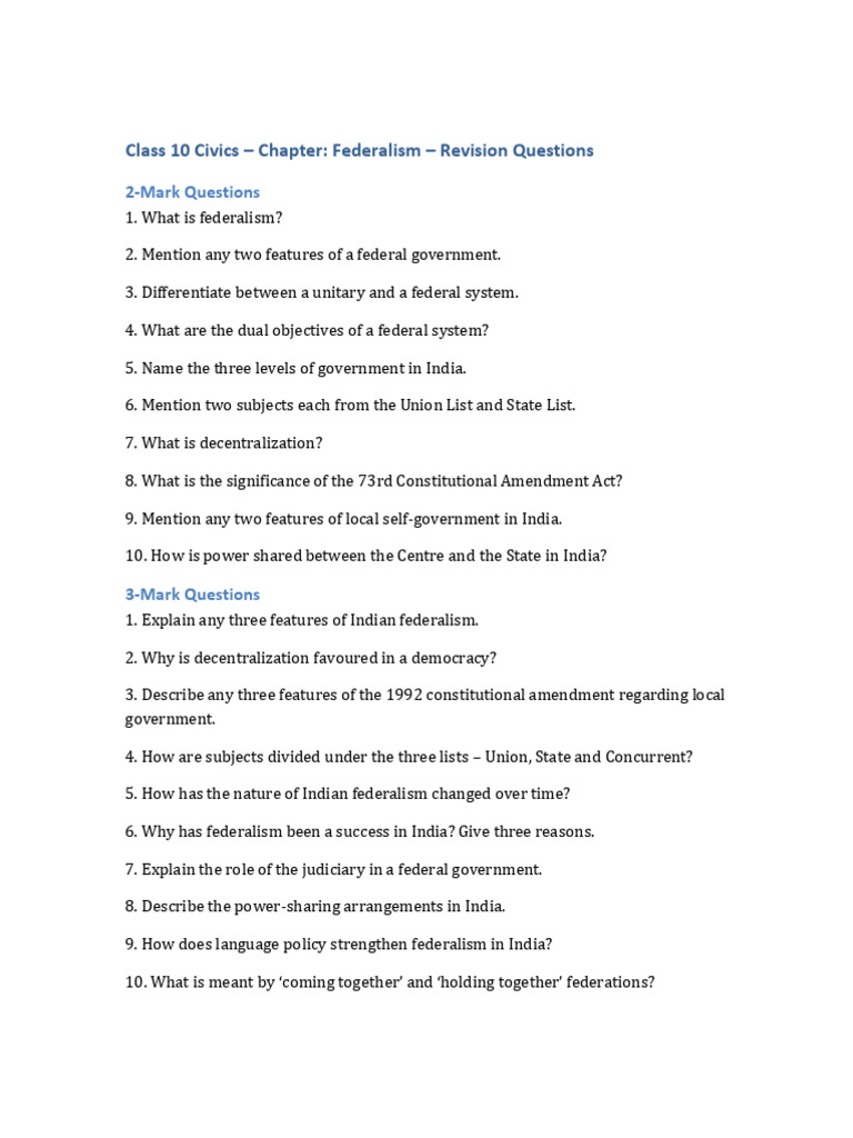 Class 10 Civics Federalism Revision Questions | PDF