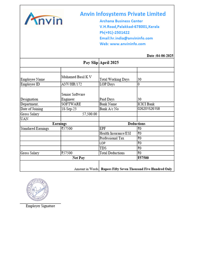Anvin Infosystems PVT LTD - April 2025 Payslip - Basil | PDF