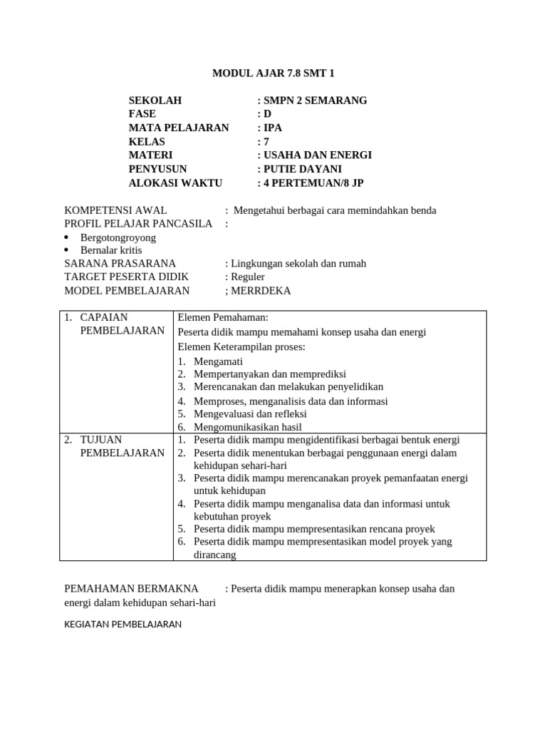 Modul Ajar IPA: Usaha dan Energi SMP | PDF