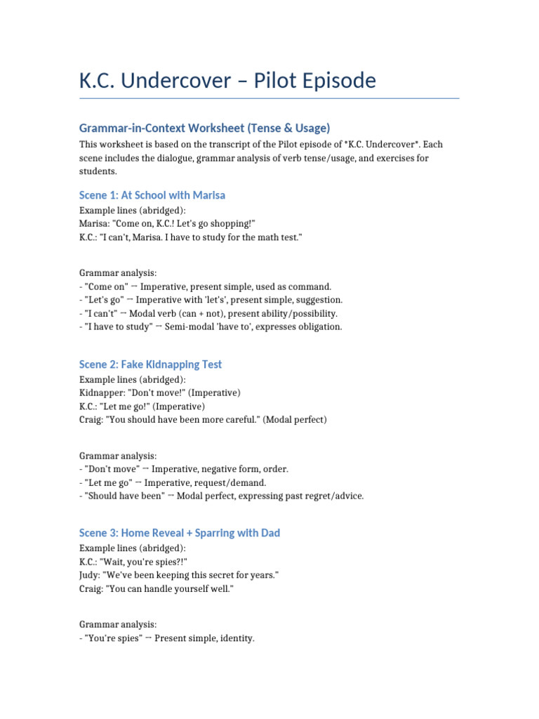 K.C. Undercover Pilot Episode Analysis | PDF | Verb | Grammatical Tense
