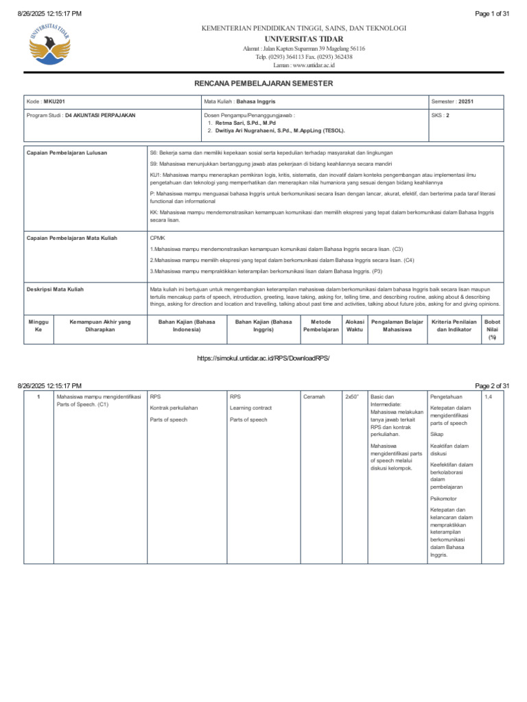 RPS MKU Inggris 25-26 | PDF