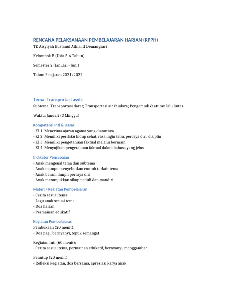 RPPH TK Aisyiyah: Pembelajaran Tematik | PDF