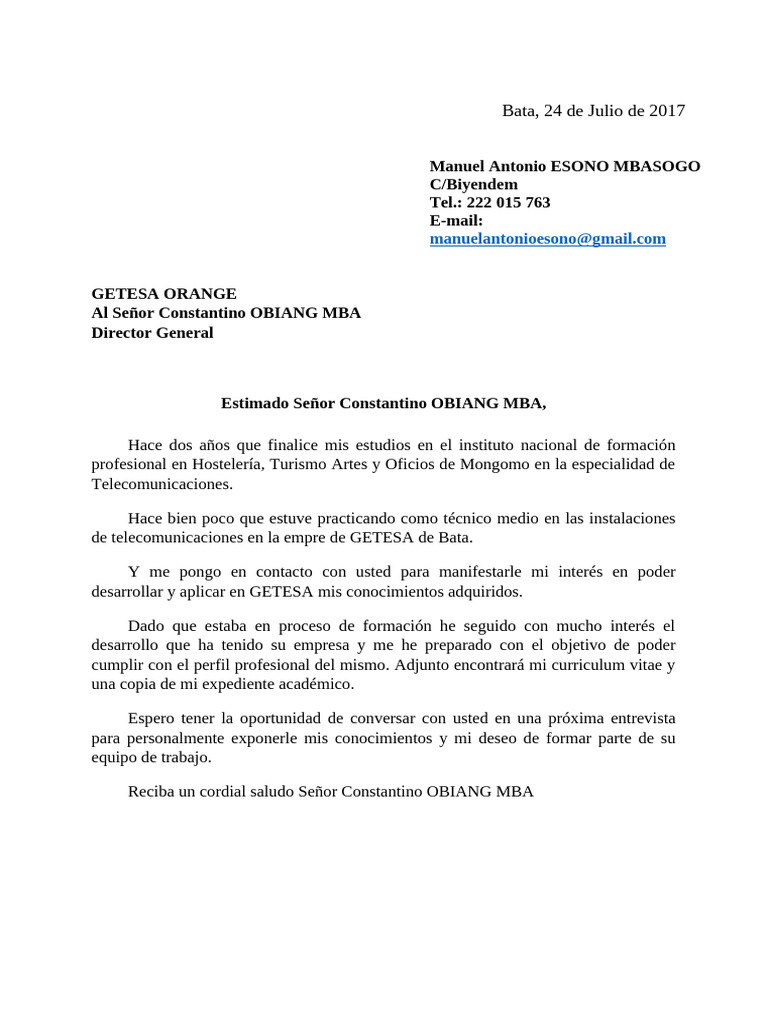 Carta de presentación para empleo en GETESA | PDF