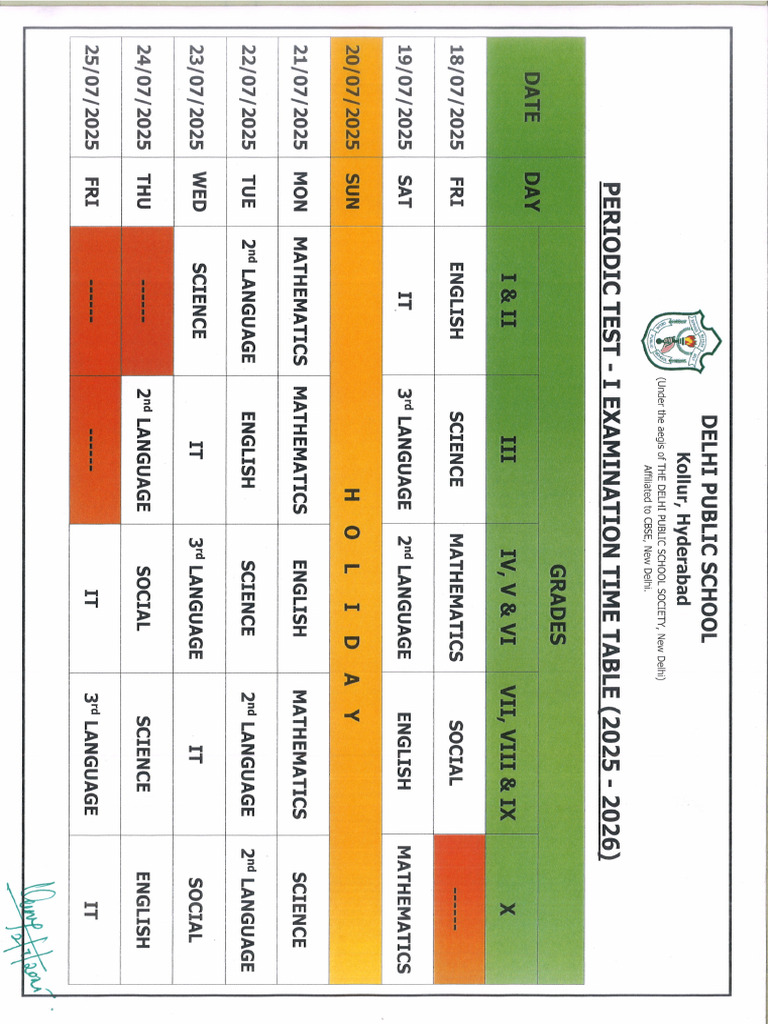 Periodic Test 1 Time Table 2025-26 | PDF