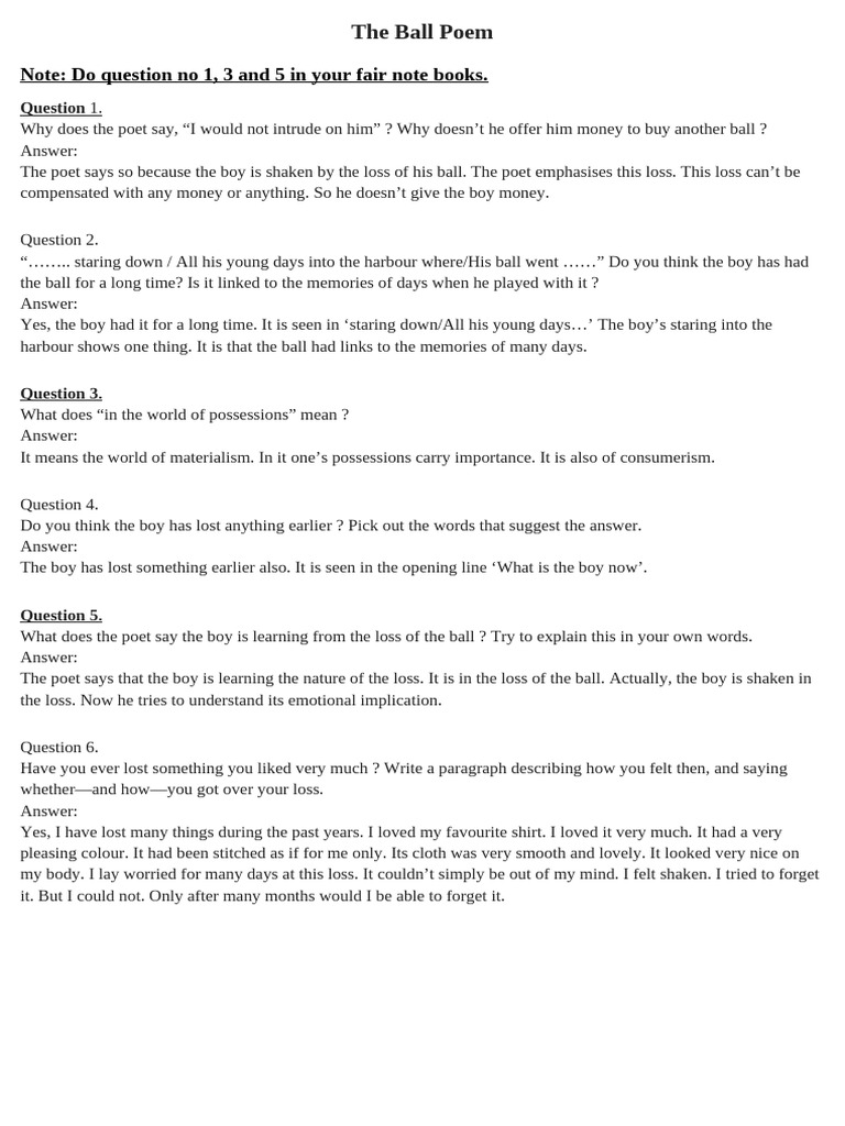 The Ball Poem Ncert Solutions | PDF
