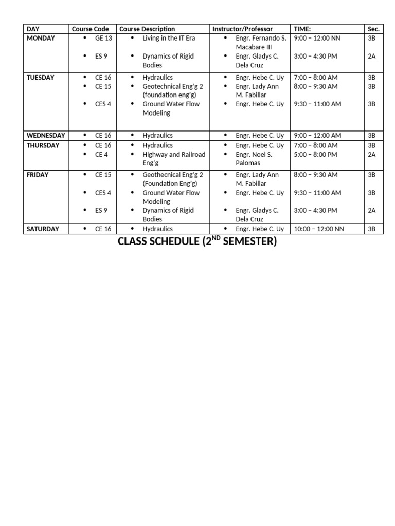 2nd Semester Schedule | PDF