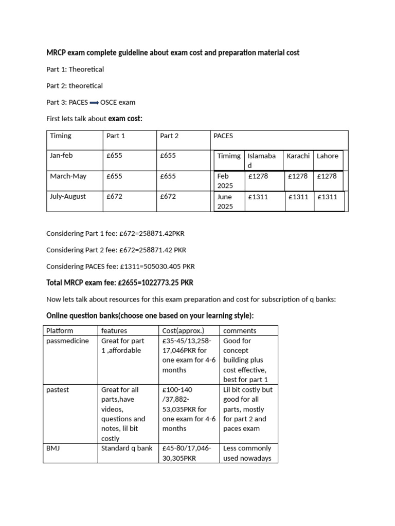 MRCP Exam Cost and Preparation Guide | PDF