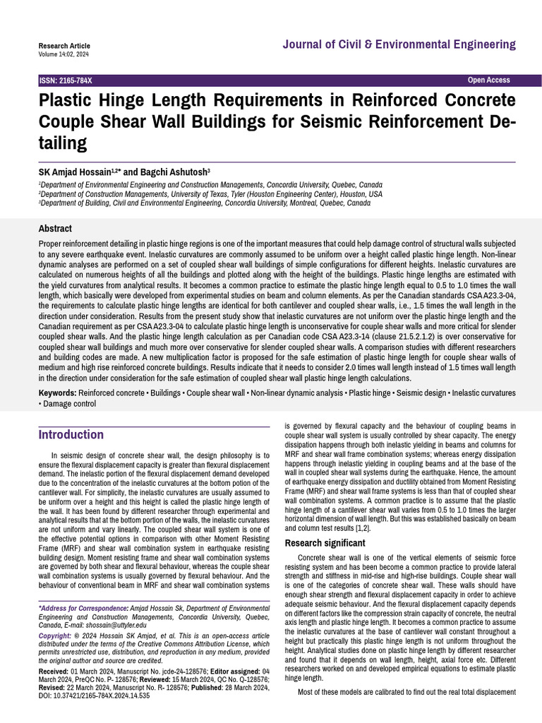 Plastic Hinge Length in Shear Walls | PDF | Elasticity (Physics) | Bending