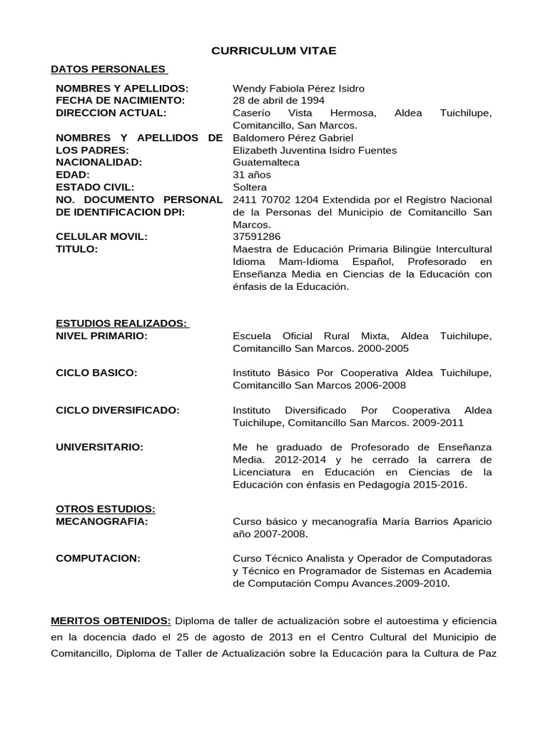 Curriculum Vitae Wendy Pérez Isidro | PDF | Maestros | Enseñando
