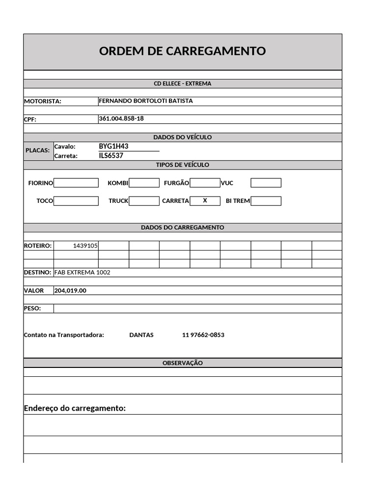 Ordem de Carregamento - CD Ellece | PDF