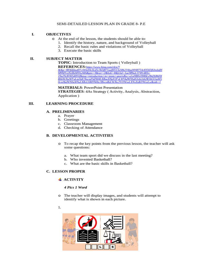 Grade 8 PE Lesson Plan: Volleyball Basics | PDF | Volleyball | Lesson Plan