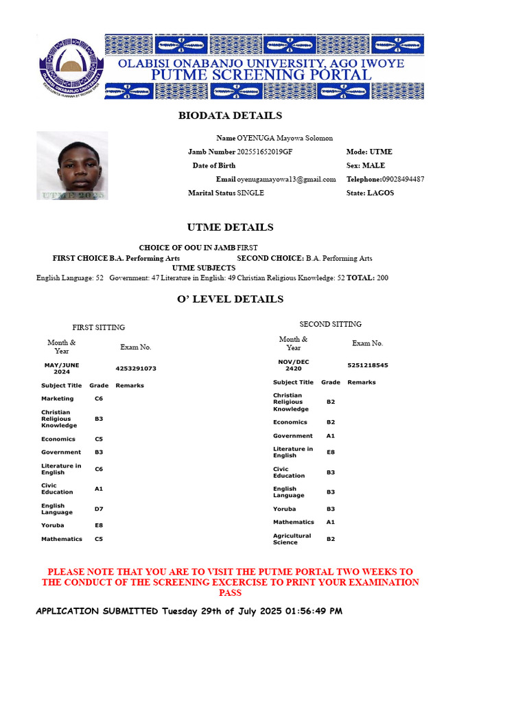 Oyenuga Mayowa Solomon Biodata Summary | PDF