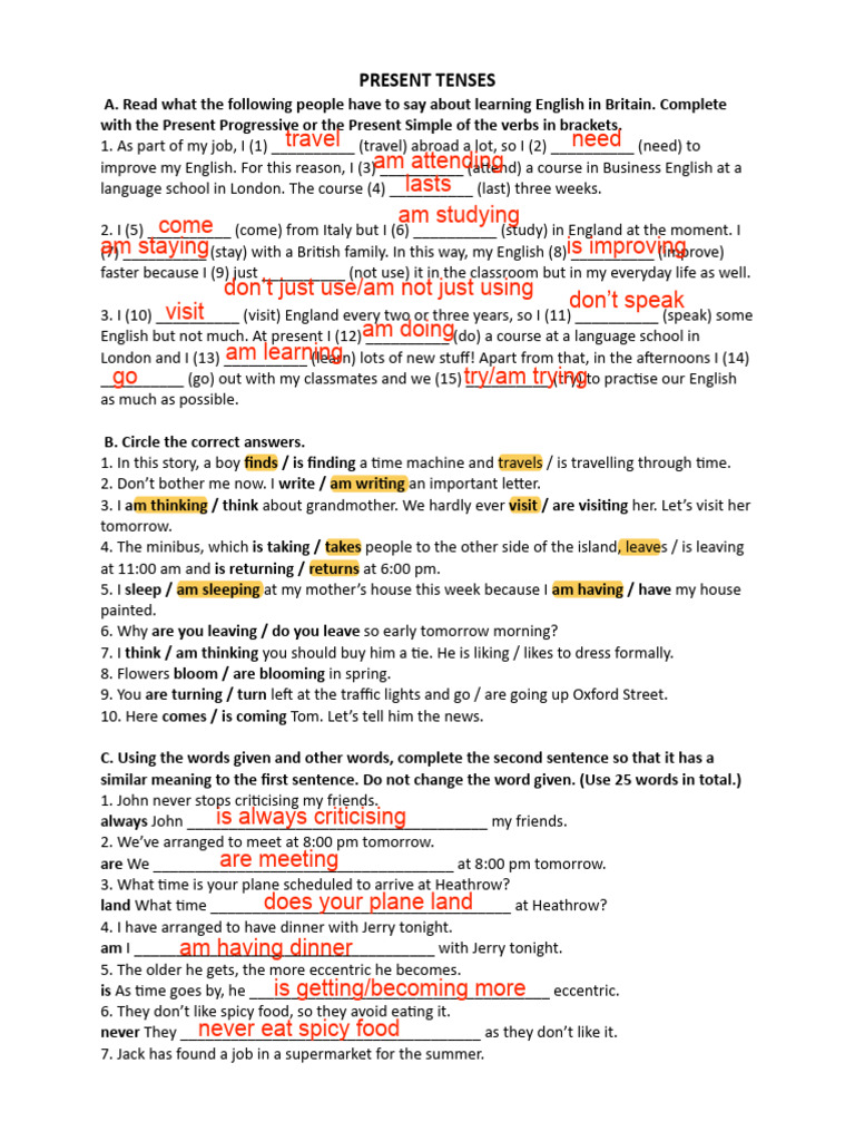 g12 - Present Tenses Exercise | PDF | English Language