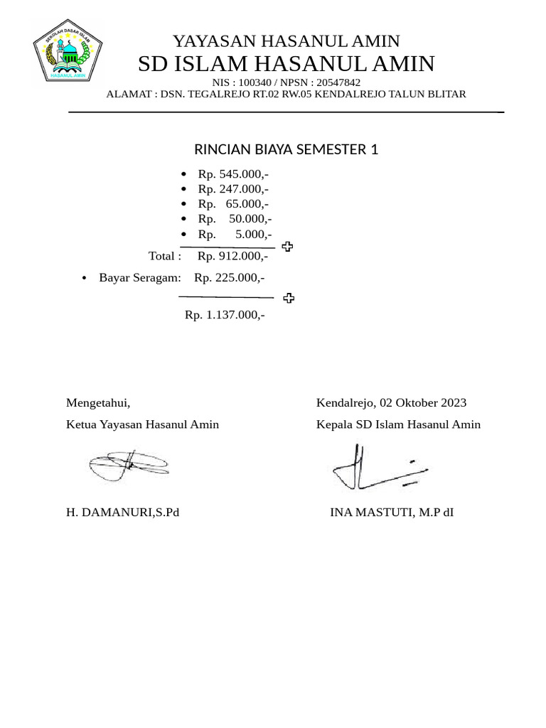 Rincian Biaya SD Islam Hasanul Amin | PDF