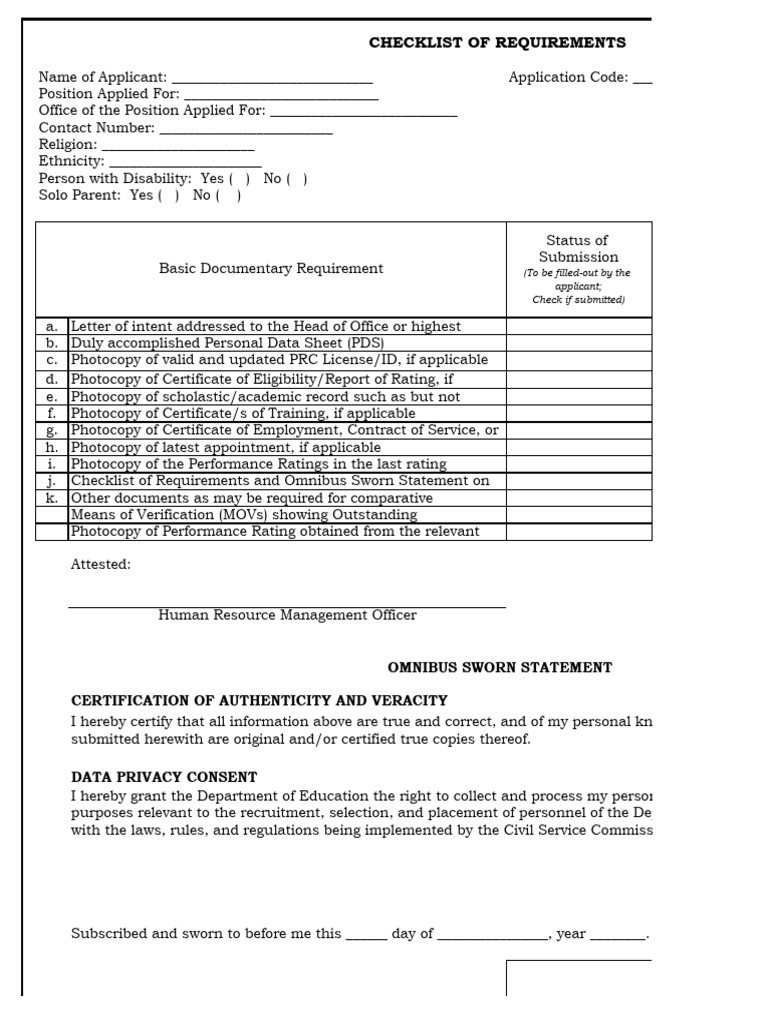 Checklist of Requirements and Omnibus Sworn Statement | PDF ...