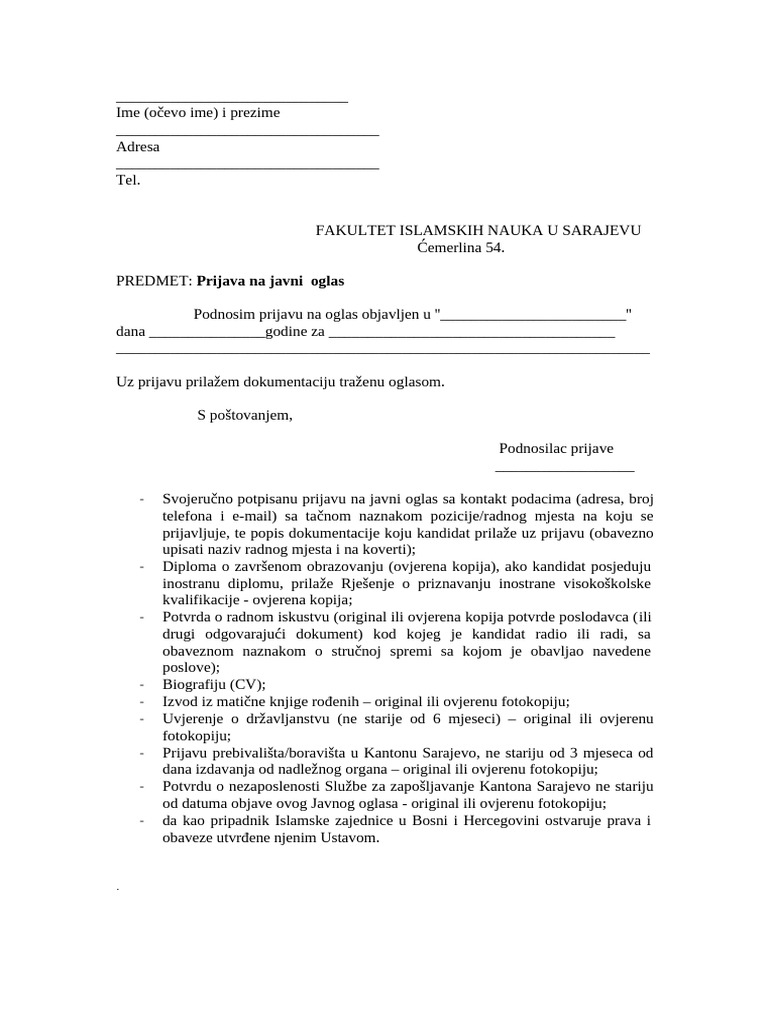 Prijava Na Javni Oglas 2 | PDF