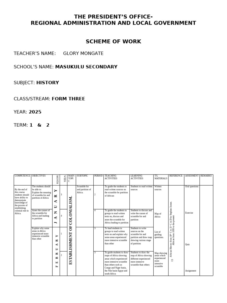 History Scheme of Work Form Iii | PDF | Educational Assessment ...