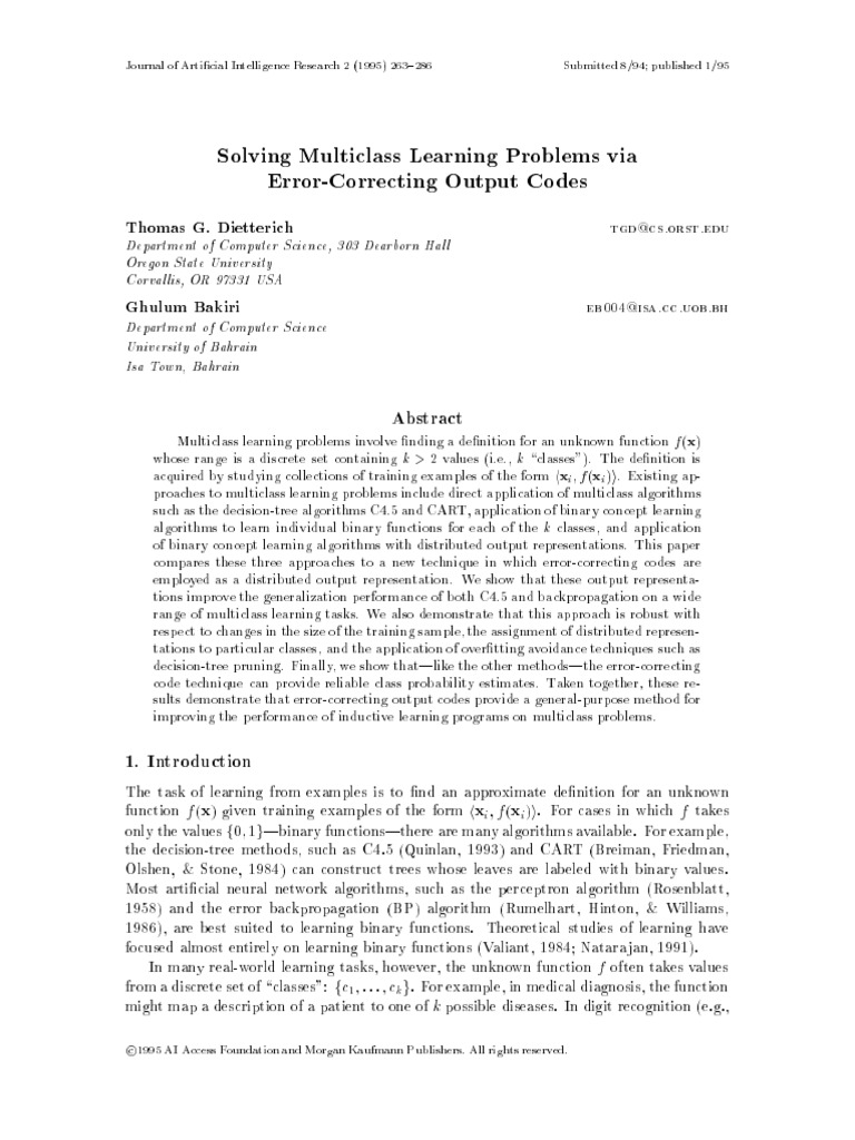 Artículo "Solving Multiclass Learning Problems Via Error-Correcting Output Codes" - (Dietterich ...