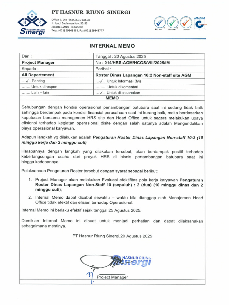 Internal Memo - Roster Dinas Lapangan 10 2 Non-Staff Site AGM | PDF