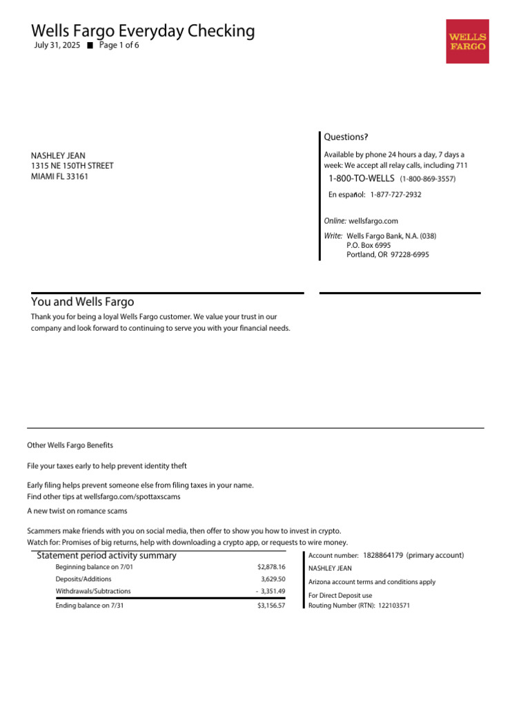 Wells Forgo July 31, 2025 | PDF | Overdraft | Credit Card