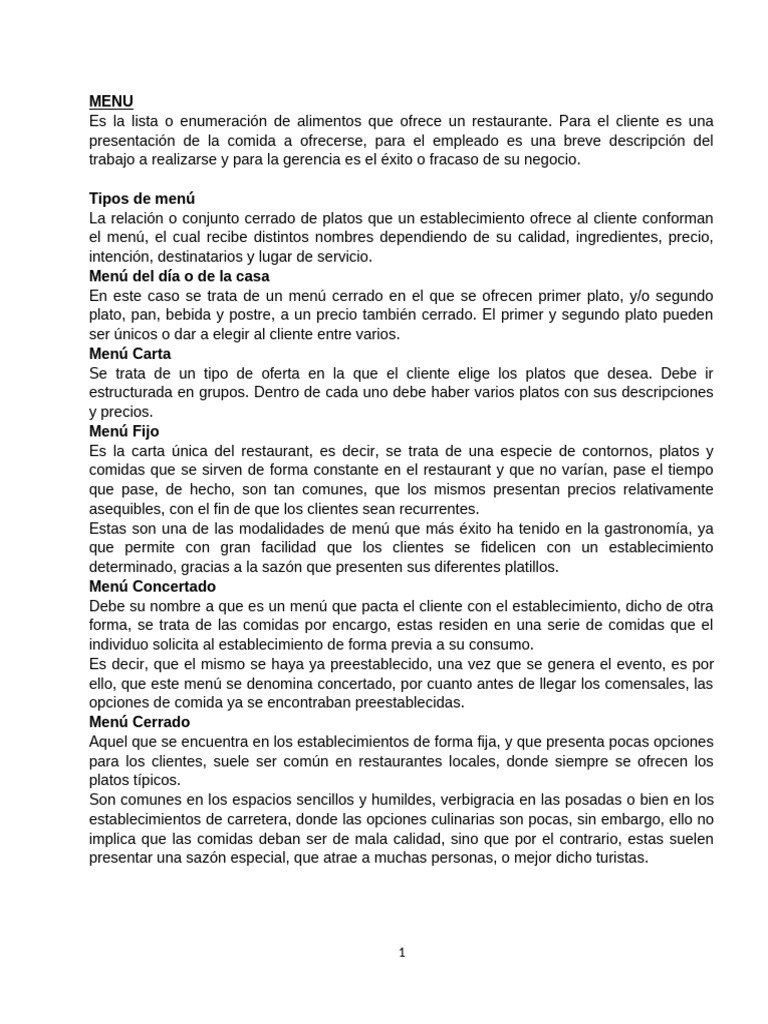 Tipos de Menús y Cartas en Restaurantes | PDF | Vino | Restaurantes
