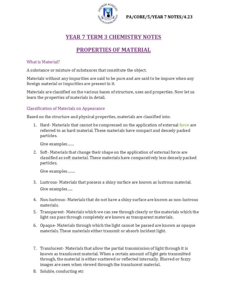 Year 7 Chemistry: Material Properties | PDF