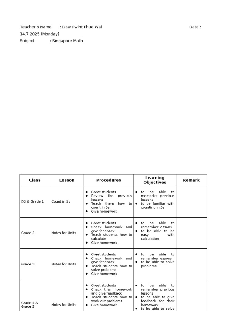 Singapore Math Lesson Plans Overview | PDF