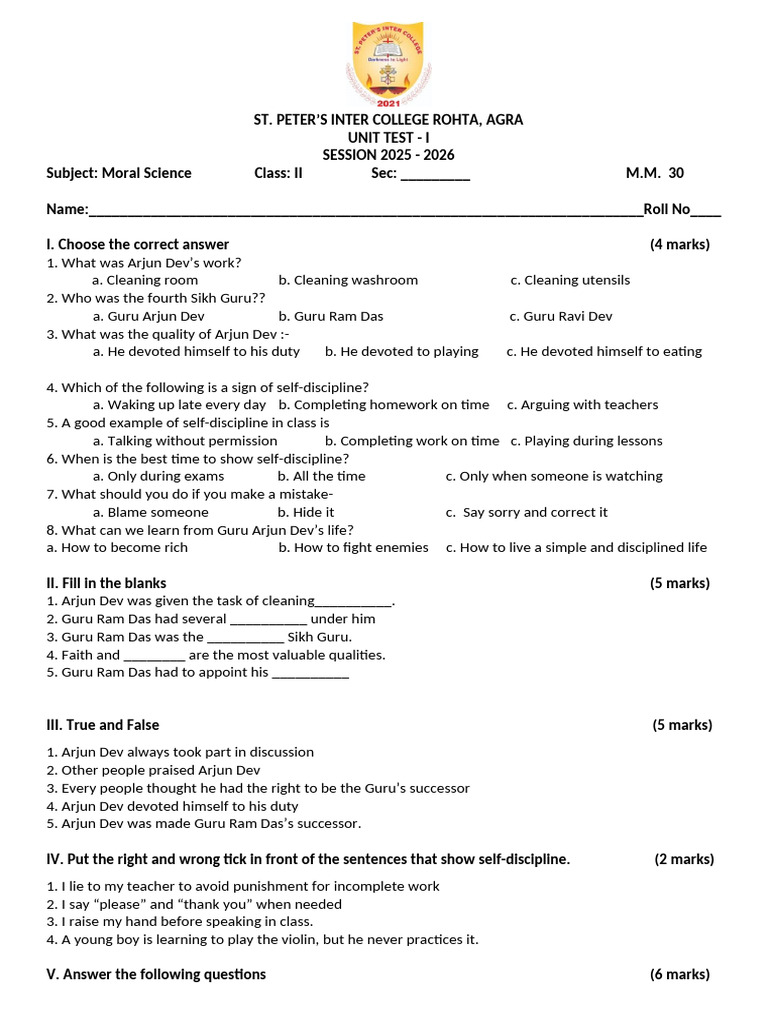 CLASS 2 MORAL SCIENCE UNIT TEST 1=------REUBEN | PDF