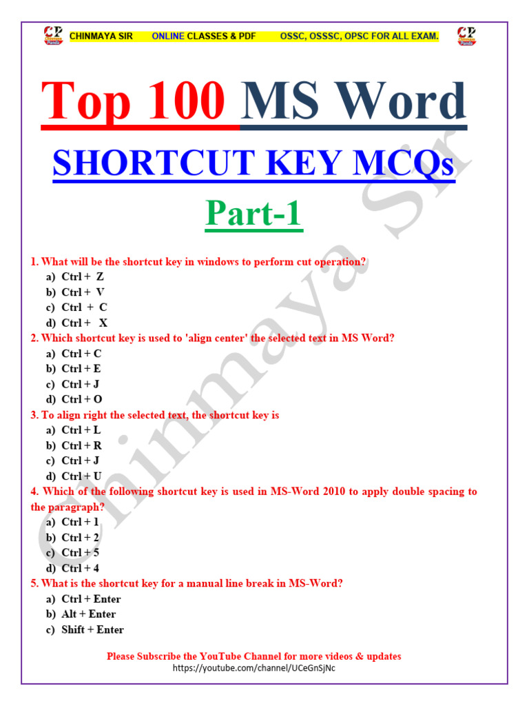 MS Word Shortcut Keys MCQs | PDF | Keyboard Shortcut | Microsoft Word