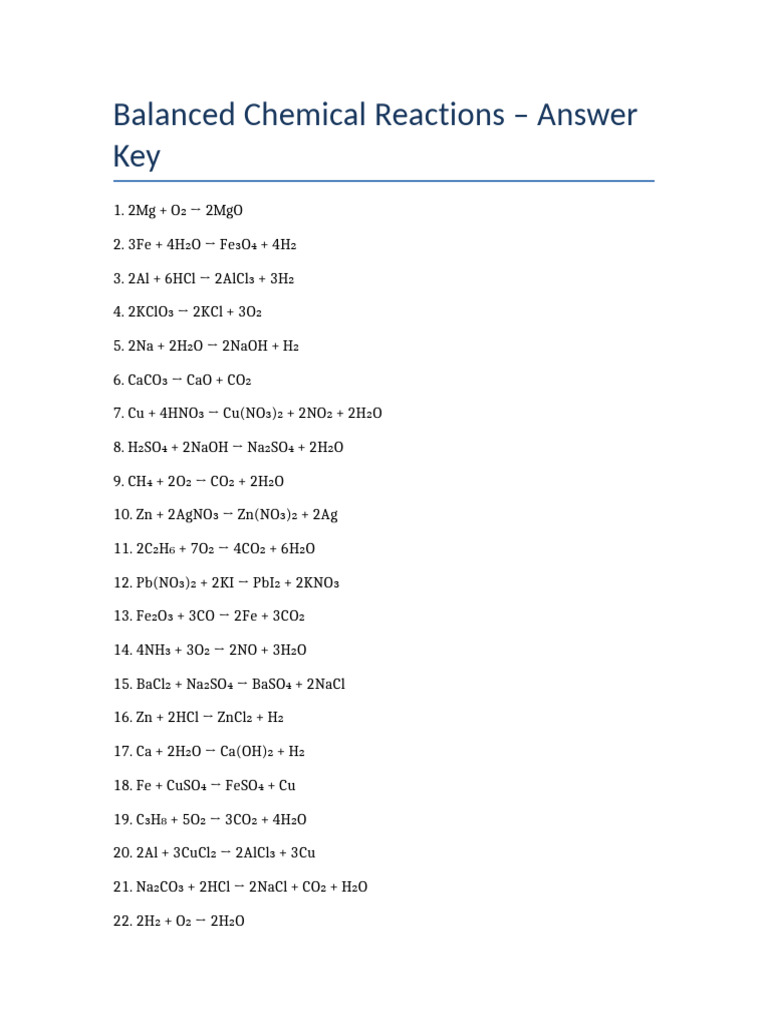 Balanced Chemical Reactions Answer Key | PDF