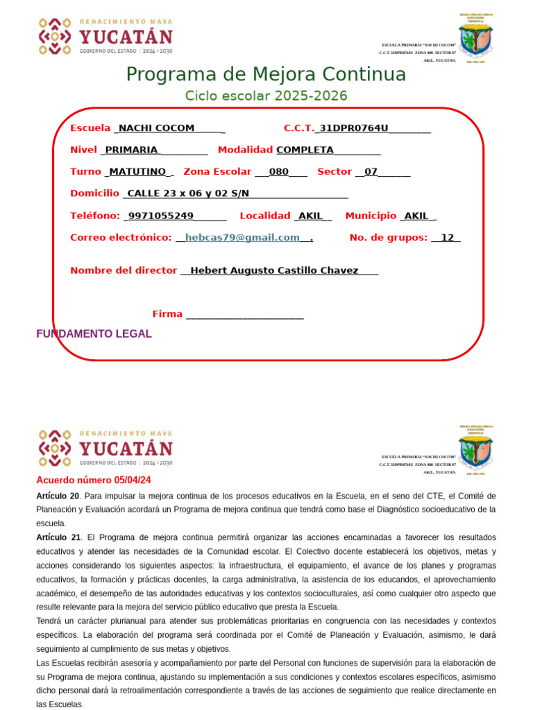 Programa de Mejora Continua Nachi Cocom | PDF | Escuelas | Planificación