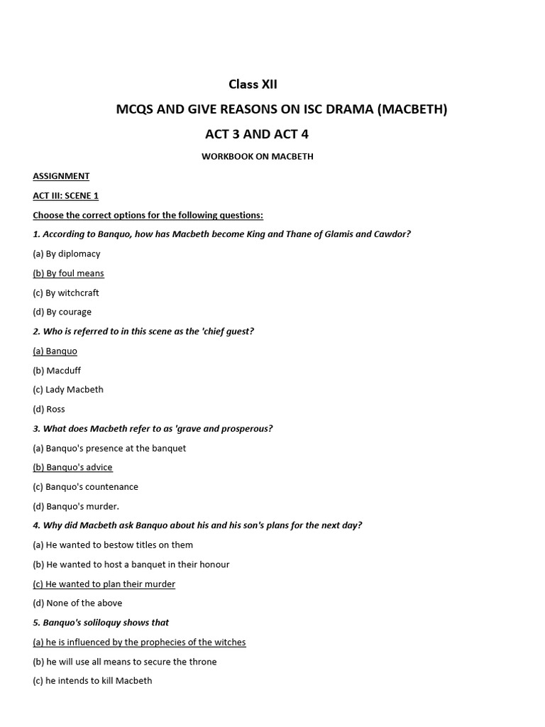 MCQS AND GIVE REASONS ON ACT 3 AND 4 FROM MORNING STAR WORKBOOK | PDF | Macbeth | Shakespearean ...