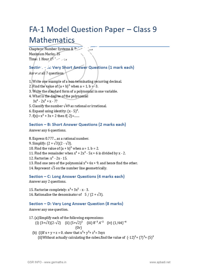 9th FA 1 Maths Model Paper 2025-26 Model 1 | PDF