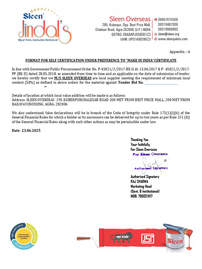 Format For Self Certification Under Preference To "Make in India"Certificate | PDF