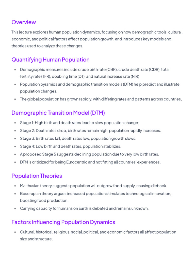 Human Population Dynamics Overview - Coconote | PDF