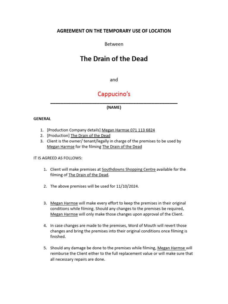 Temporary Filming Location Agreement | PDF
