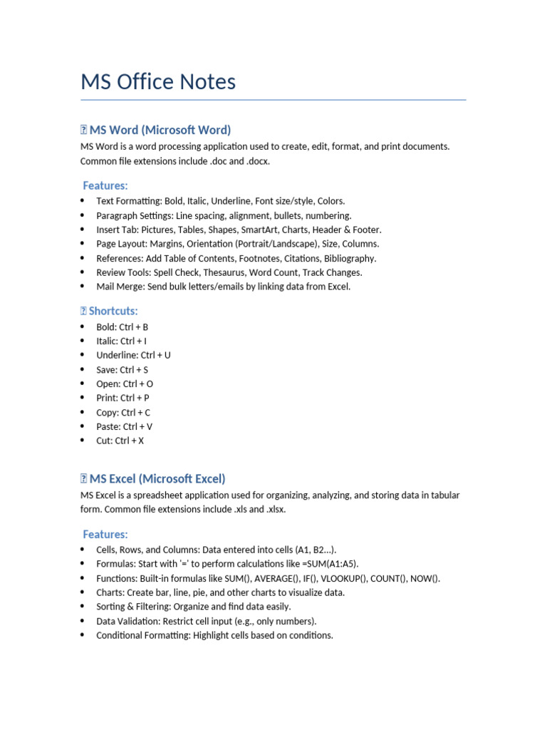 MS Office Notes Overview and Shortcuts | PDF