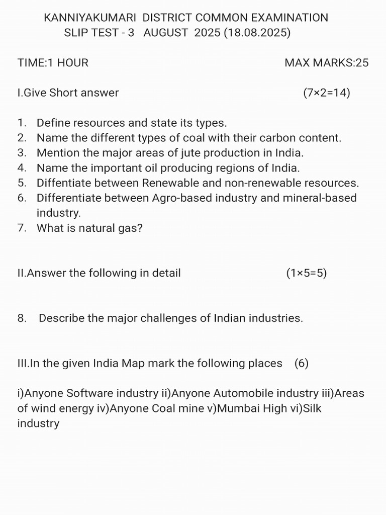 10th Slip Test 3 Question Paper - 250829 - 214417 | PDF