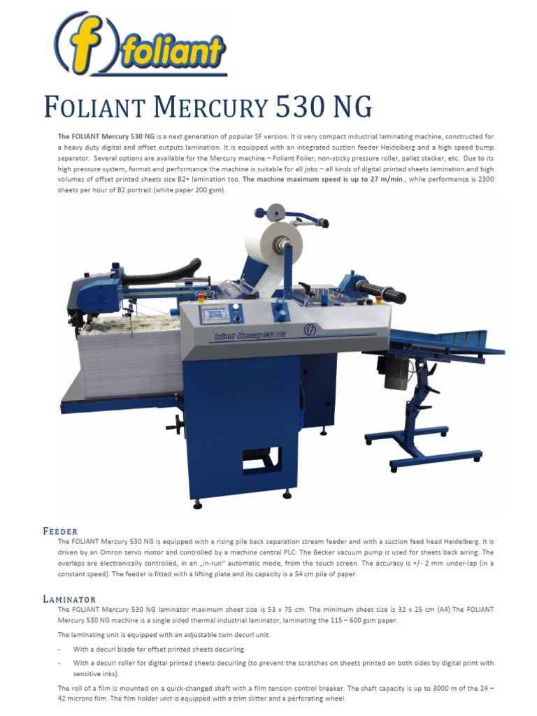 FOLIANT Mercury 530 NG Laminator Specs | PDF | Lamination | Pallet