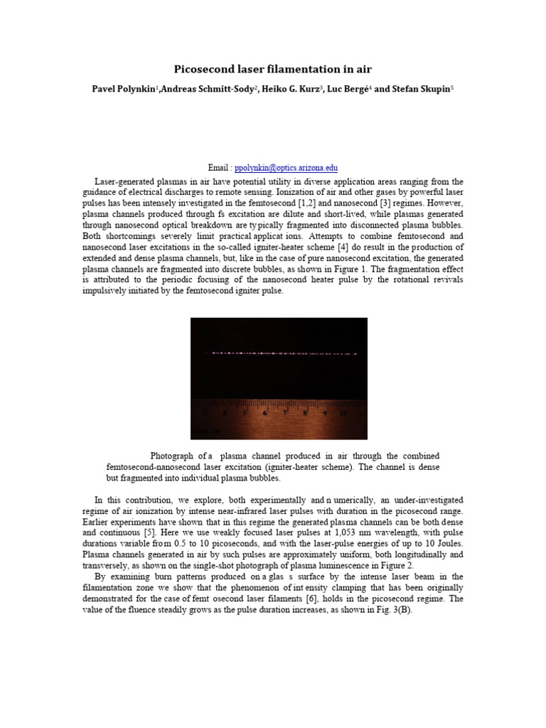 Picosecond Laser Filamentation in Air | PDF | Laser | Plasma (Physics)