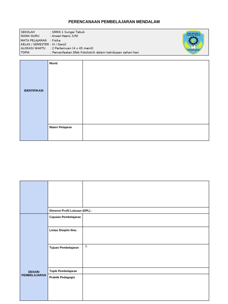 Perencanaan Pembelajaran Mendalam Format Kosong | PDF