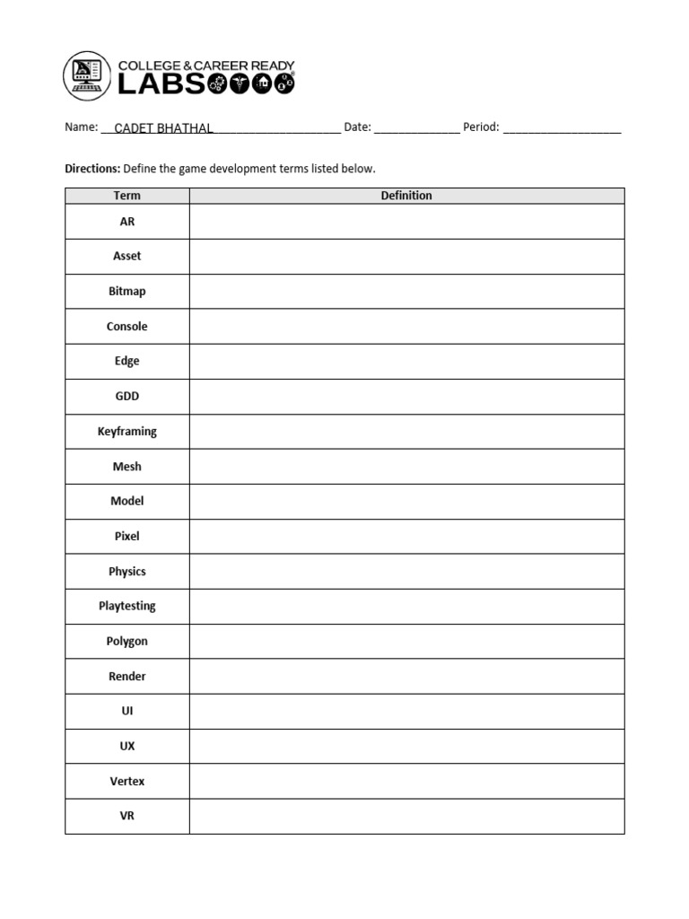 Game Development Terminology Worksheet | PDF