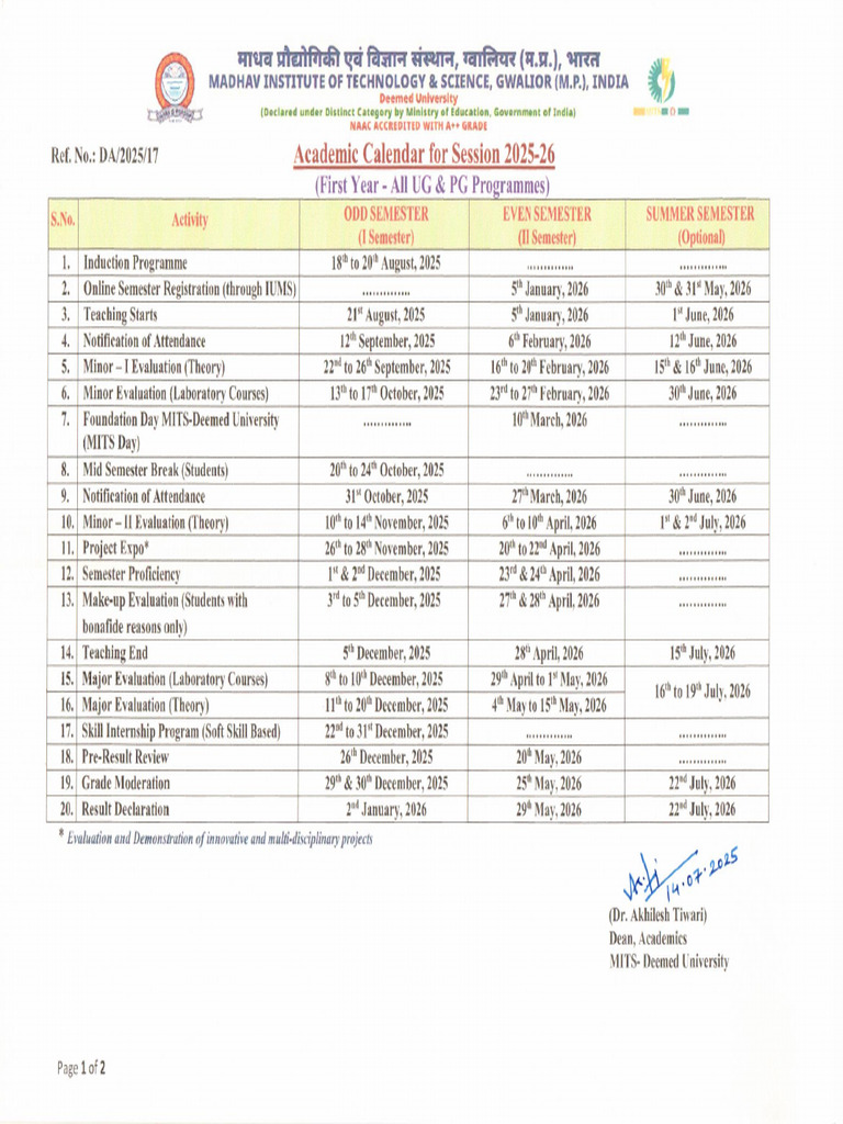 First Year - Academic Calendar (2025-26 Session) -_250714_183911 | PDF