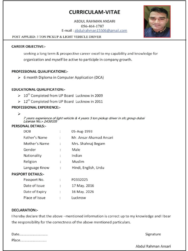 3 Ton Pickup & Light Vehicle Driver Resume | PDF