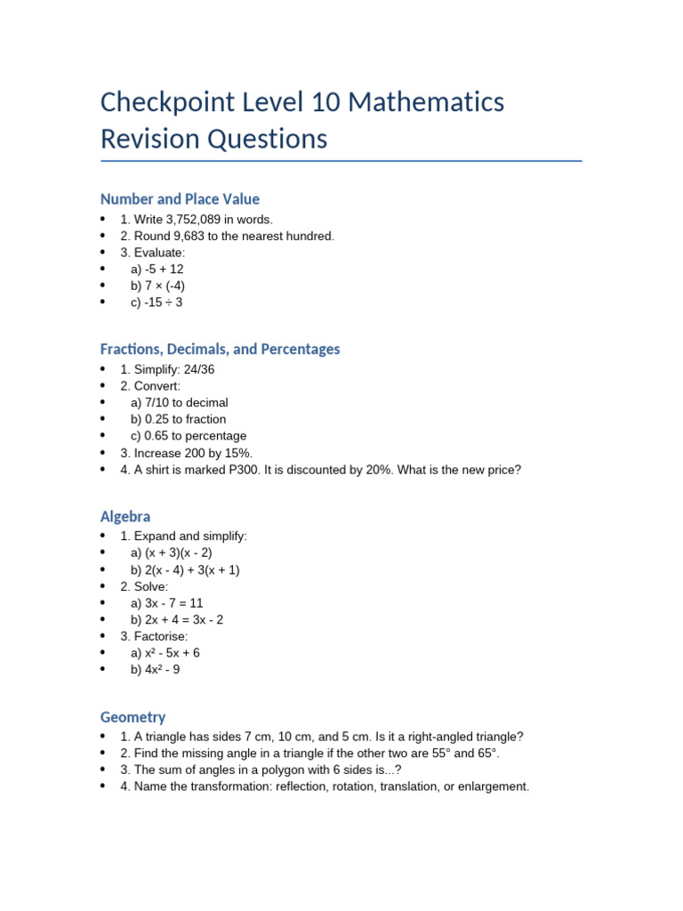 Checkpoint Level 10 Maths Revision Questions | PDF