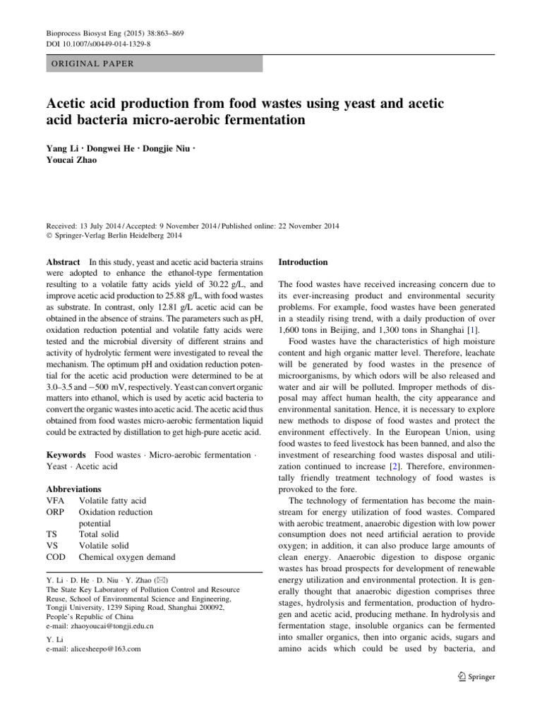 Acetic Acid from Food Waste Fermentation | PDF | Fermentation ...
