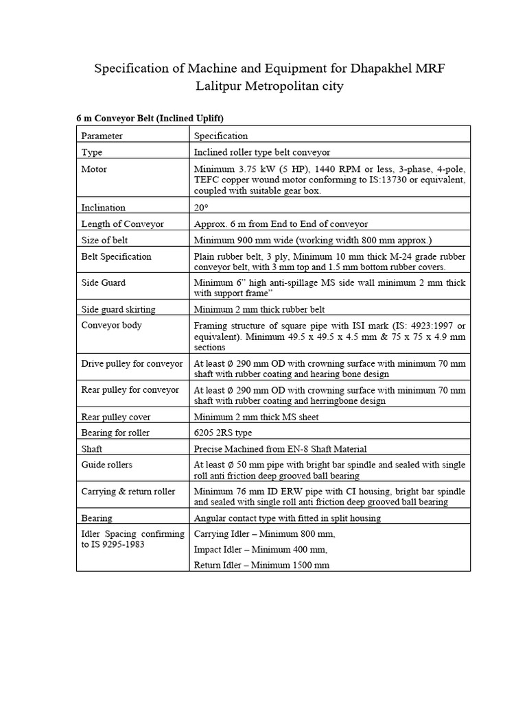 Dhapakhel MRF Equipment Specifications | PDF | Belt (Mechanical ...