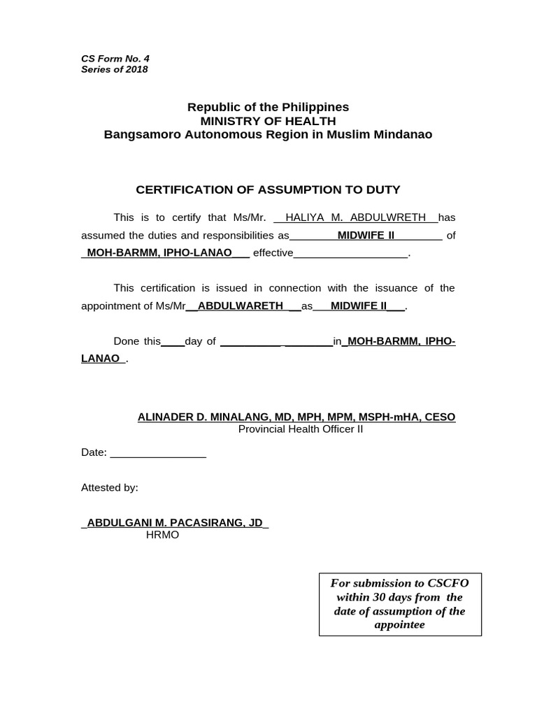 CS Form No. 4 Certification of Assumption To Duty - JULIA | PDF